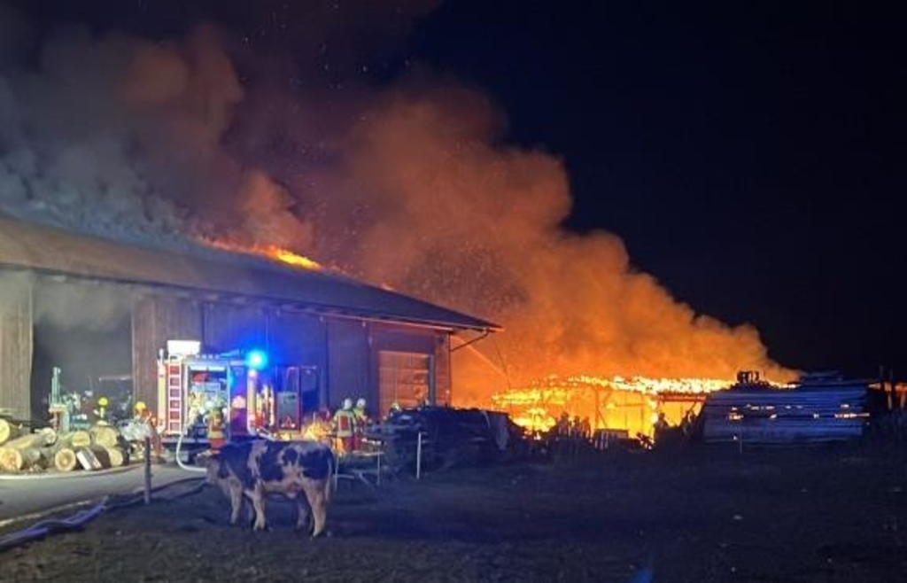 Großeinsatz bei Waging am See: Stall steht in Flammen